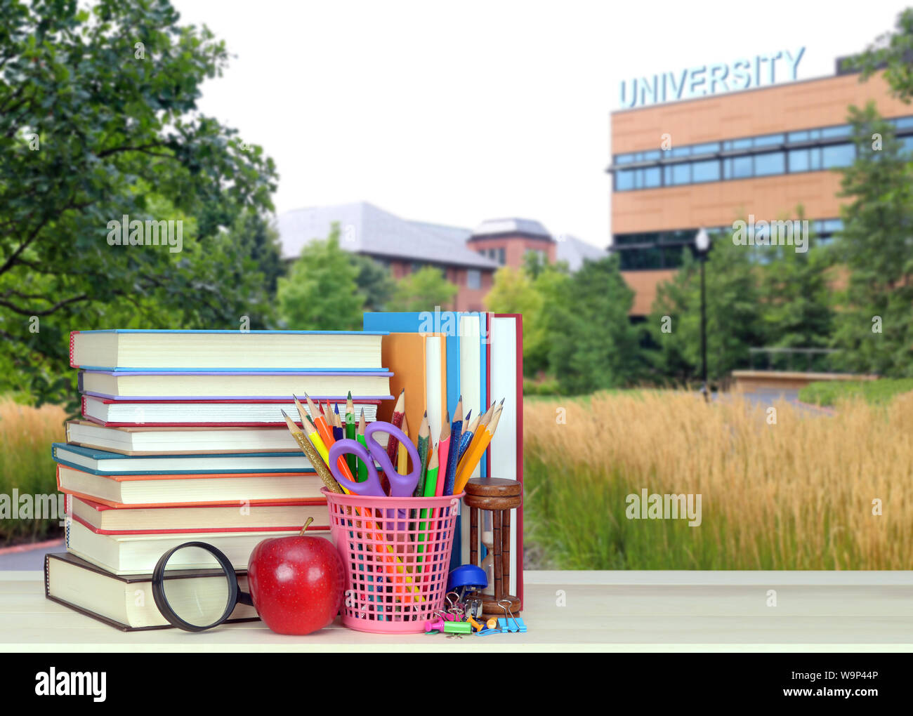 blurry background of university campus in Spring season and book for ...