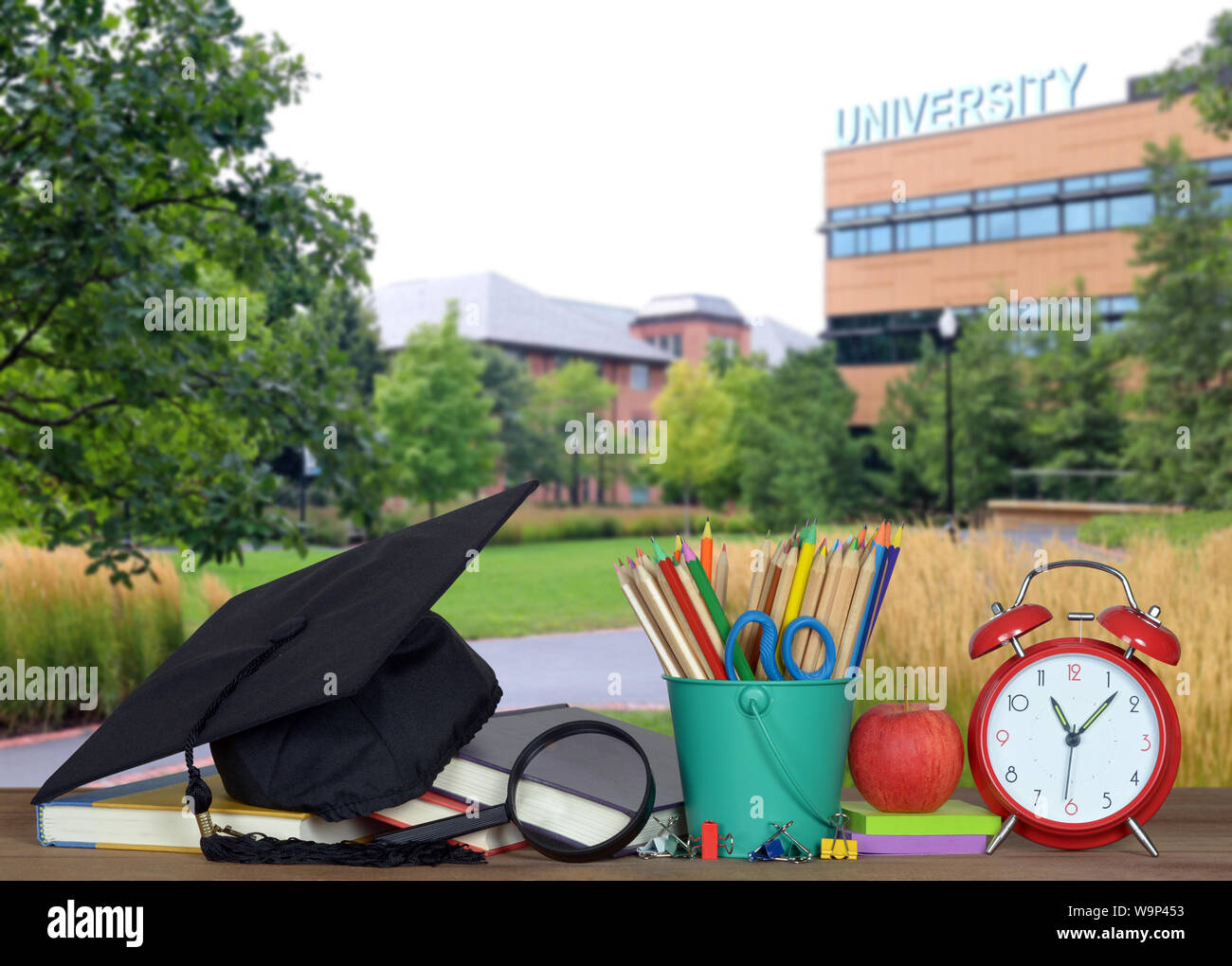 blurry background of university campus in Spring season and book for ...