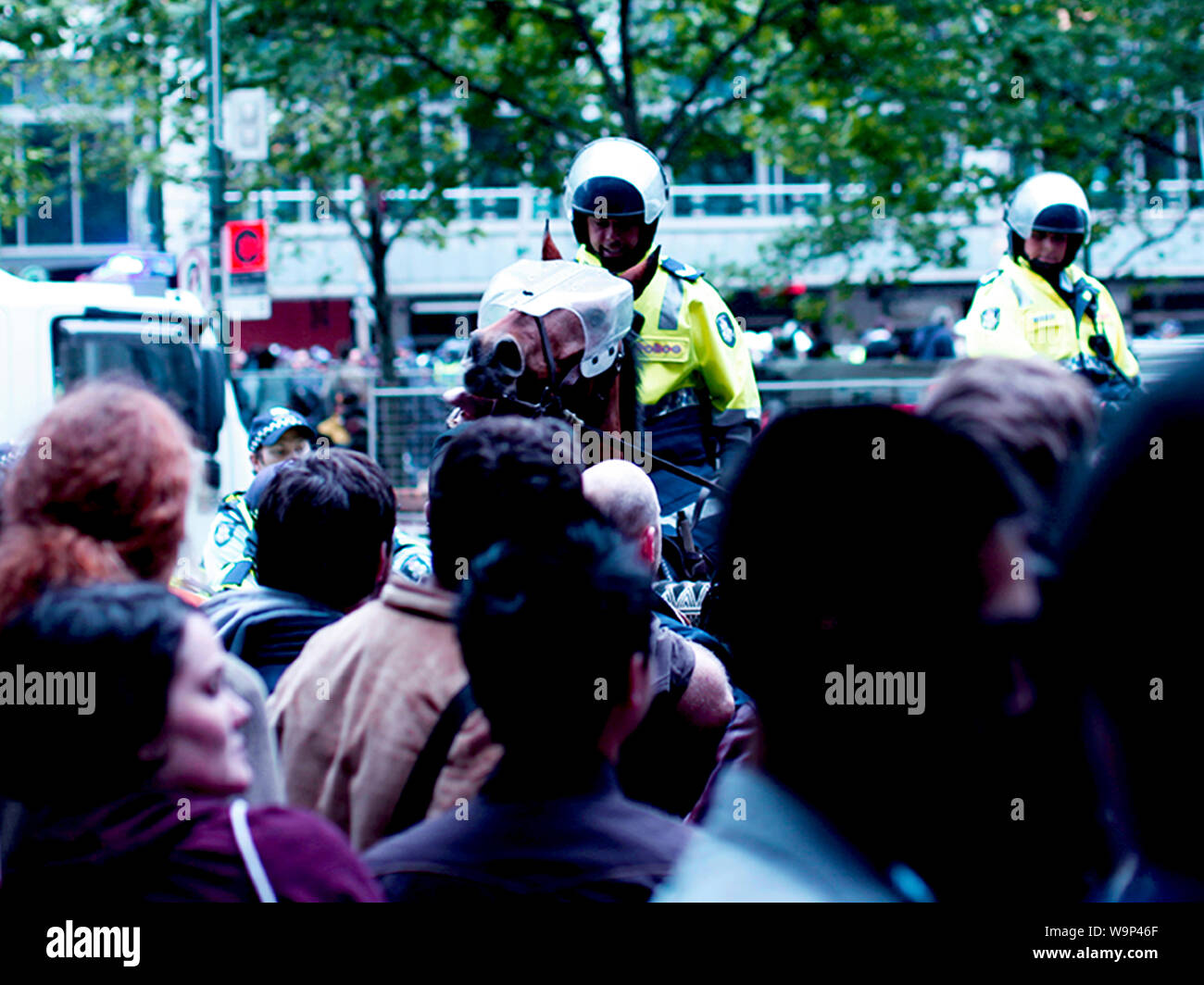 Policeman rears his horse into a crowd of people at the Occupy Protest ...
