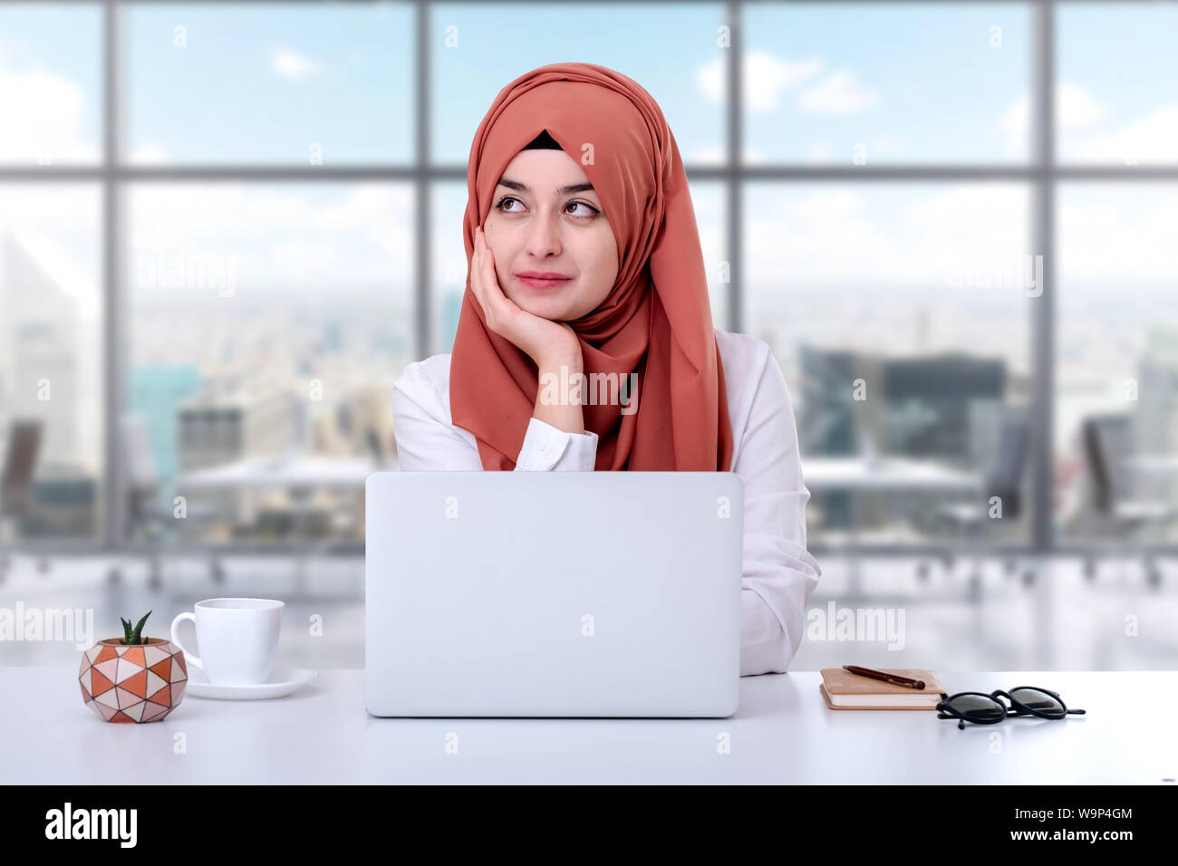 Hijab muslim woman work with computer, muslim girl sitting in office ...