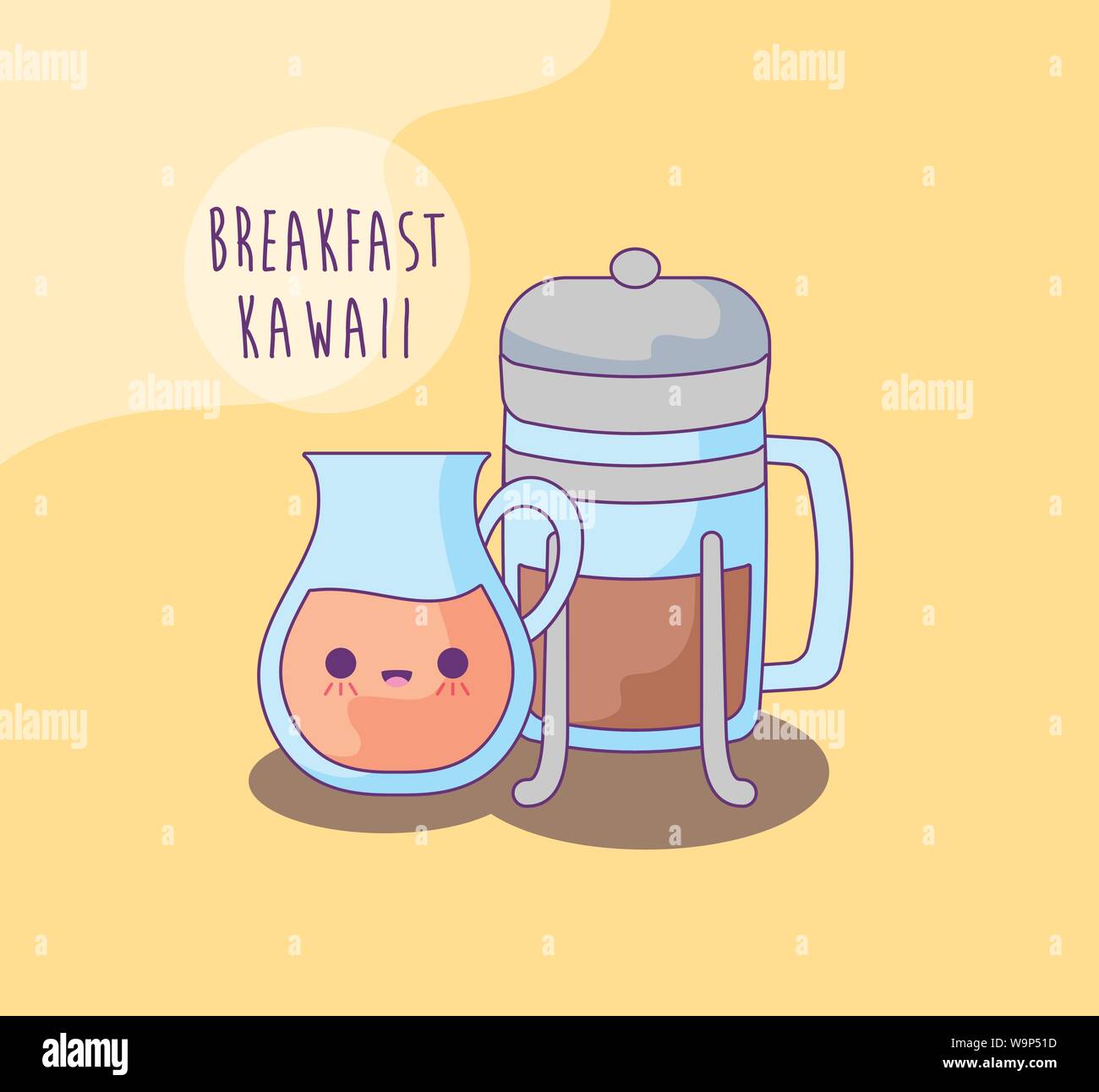 kettle with coffee drink and bottle for breakfast kawaii style vector ...