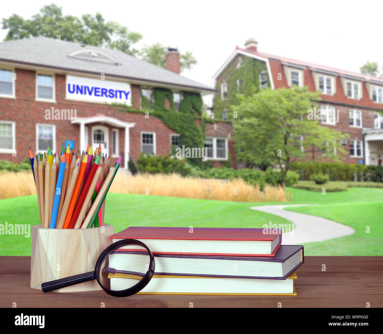 Spring season and college campus and books for education concept Stock ...