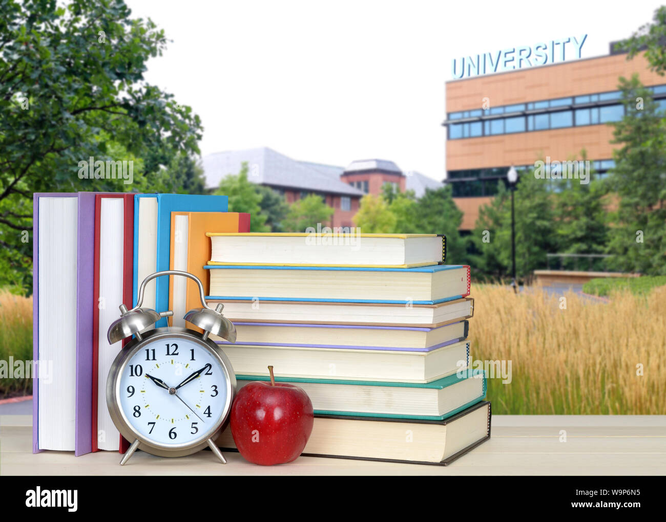 blurry background of university campus in Spring season and book for ...