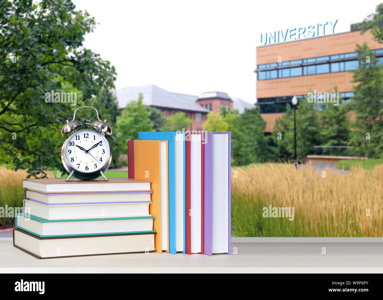 blurry background of university campus in Spring season and book for ...