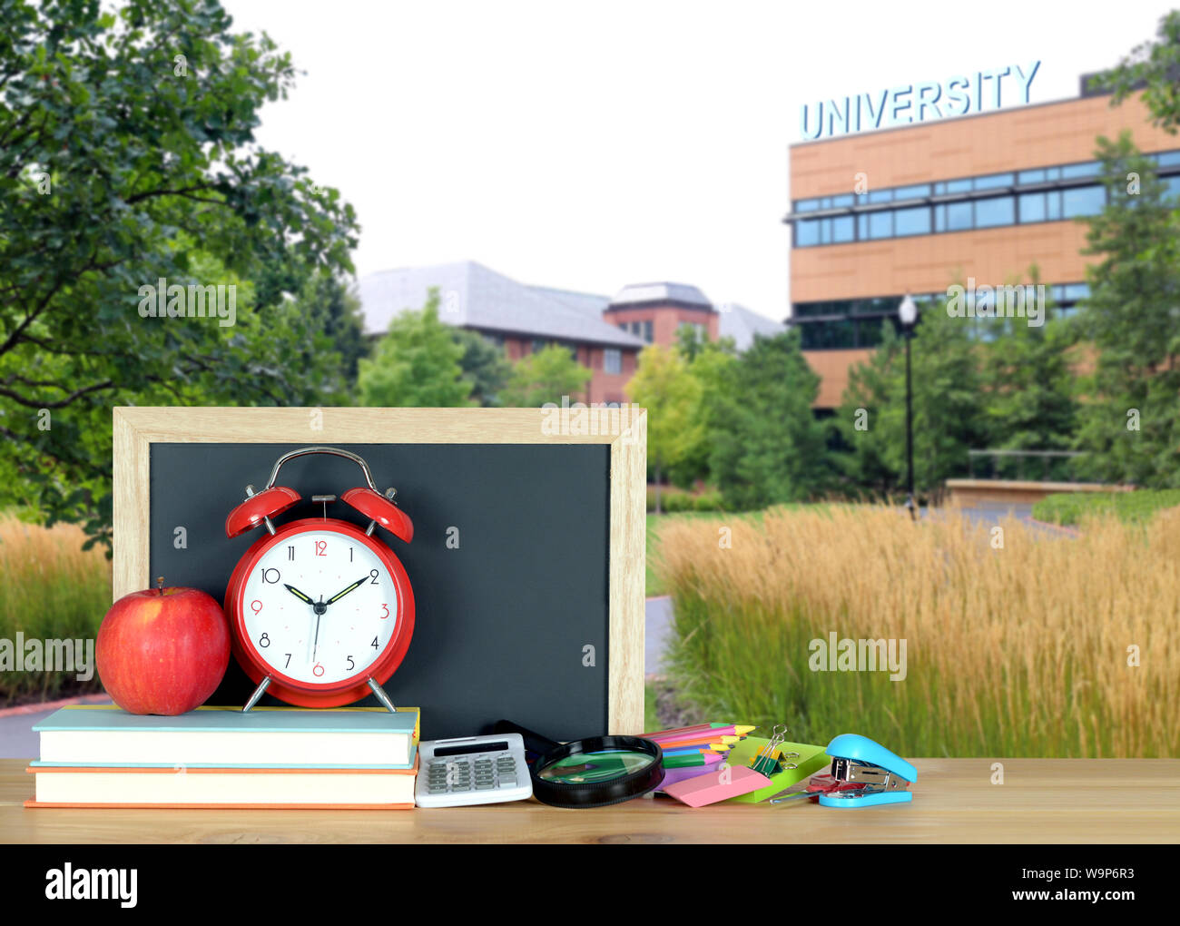 blurry background of university campus in Spring season and book for ...