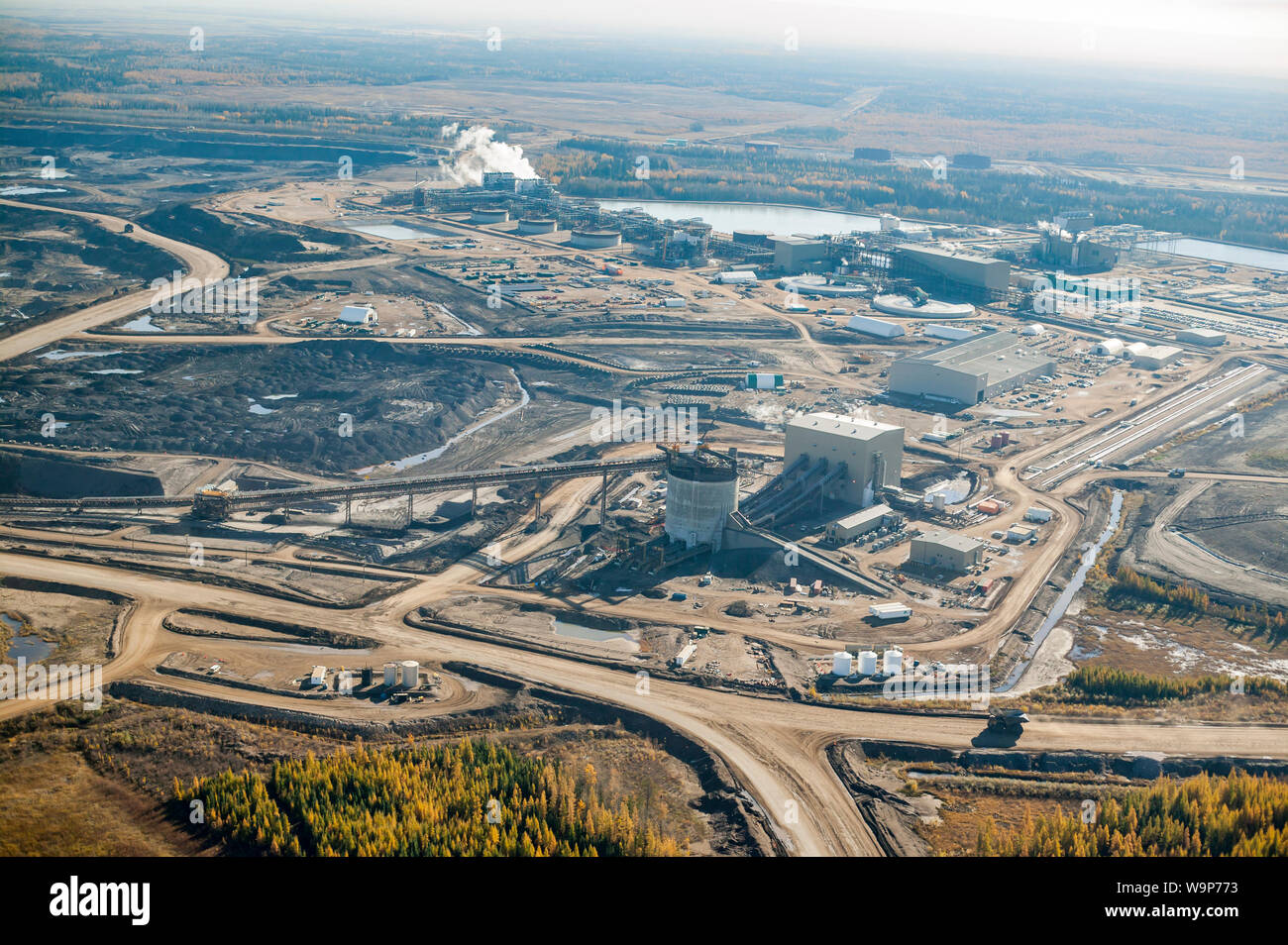 Aerial photo of operations at CNRL Muskeg River Mine oil sands facility ...