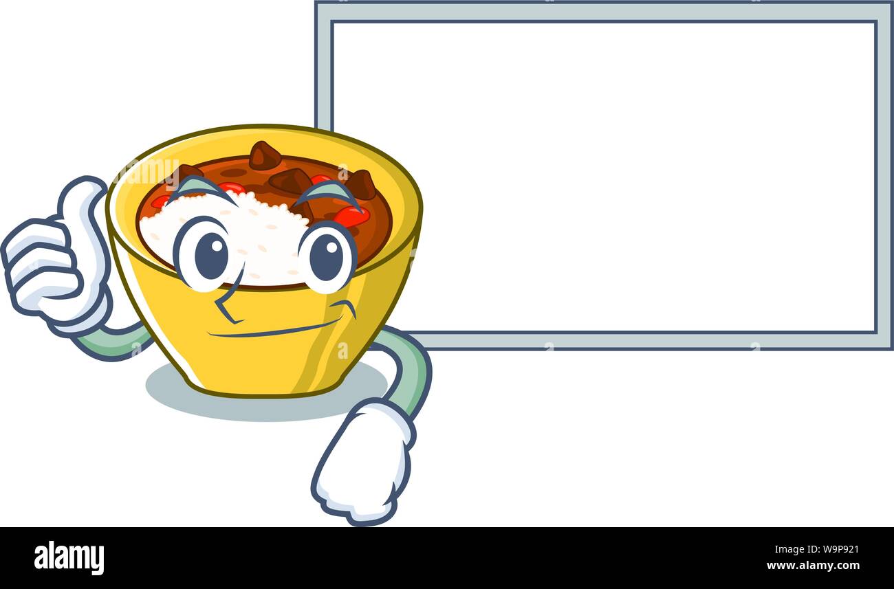 Thumbs up with board rice curry served in mascot containers Stock ...