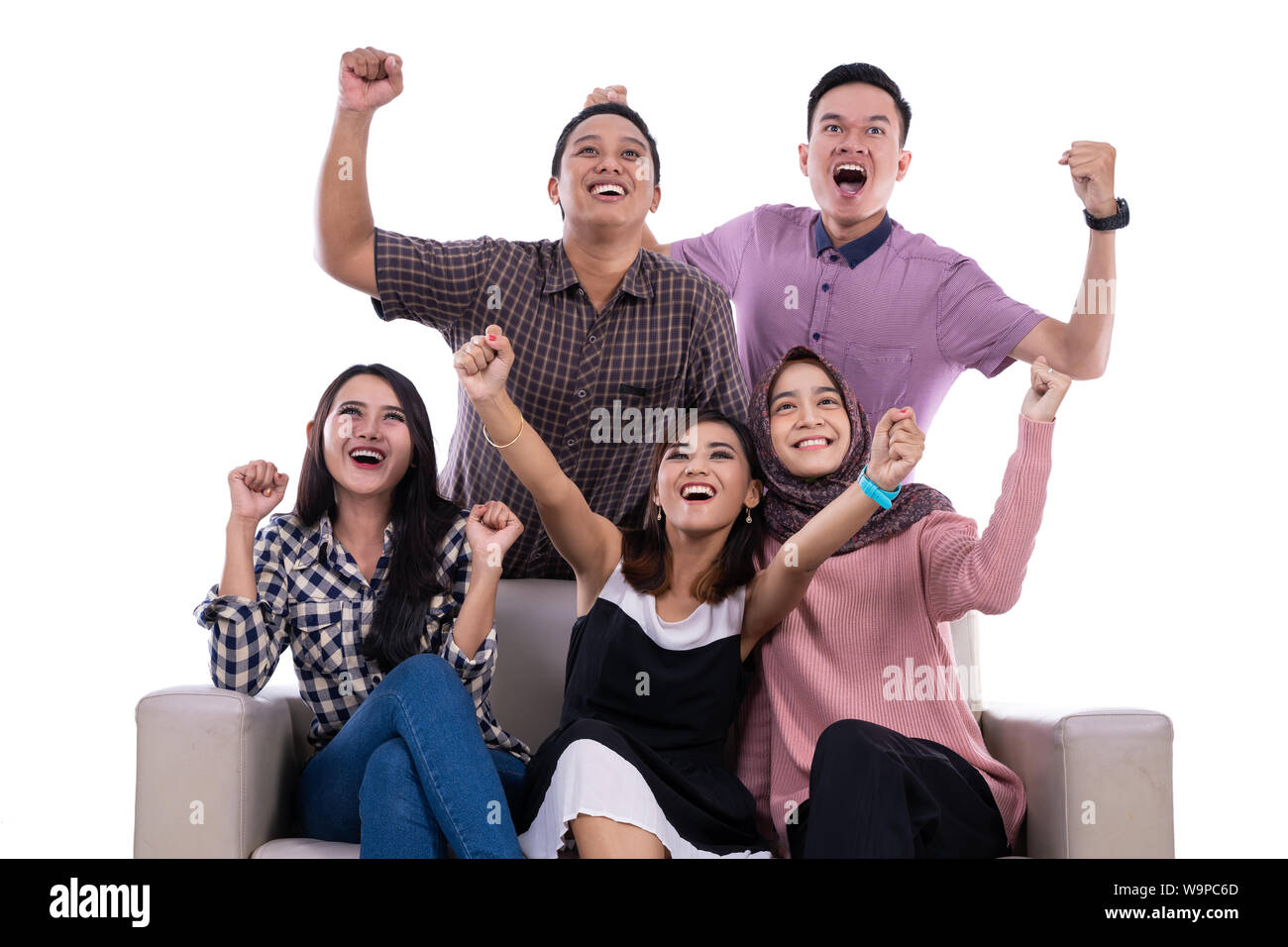 Group of student college university hands up Stock Photo - Alamy