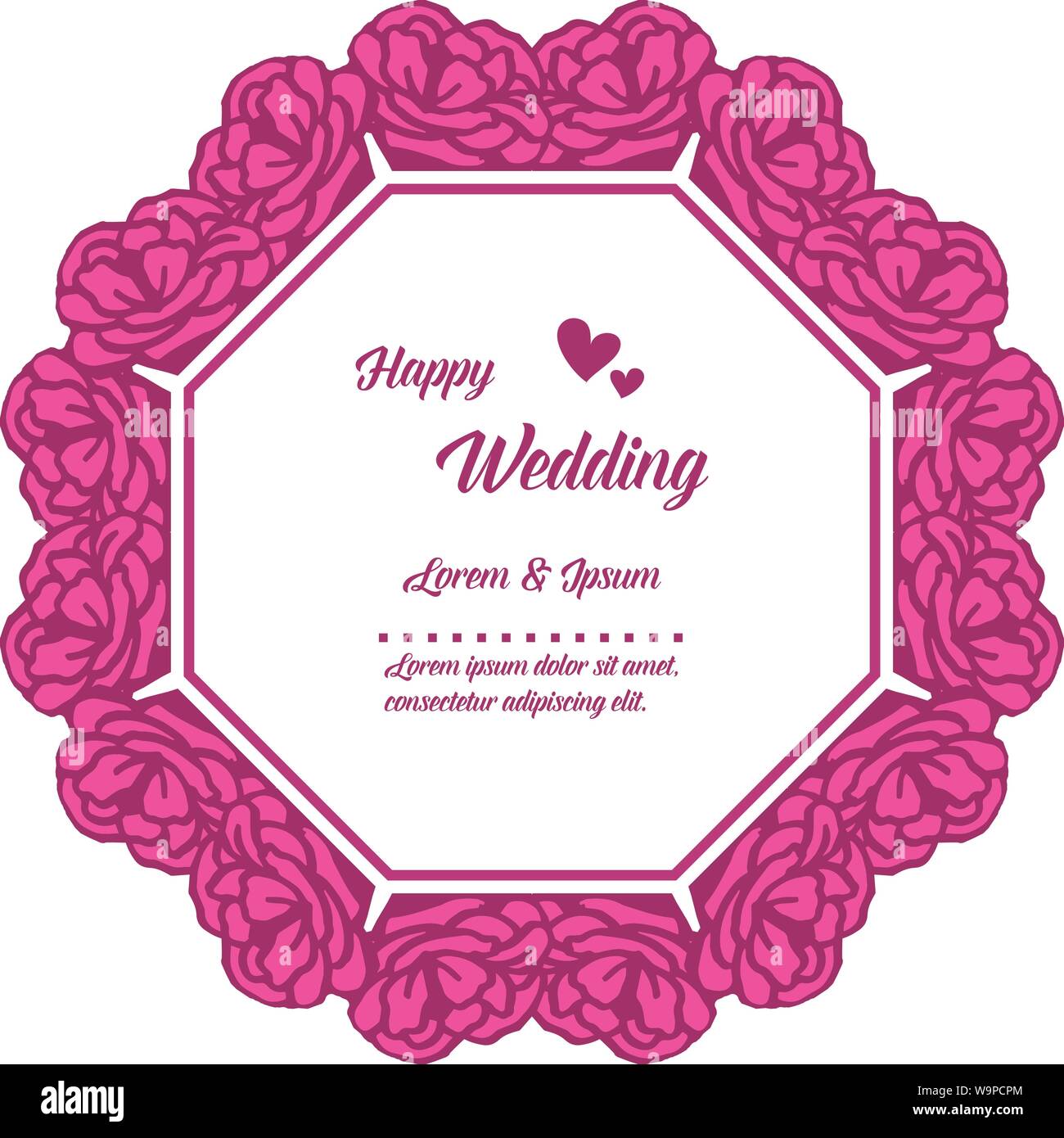 Decoration pink flowers, style unique frame, for card happy wedding ...