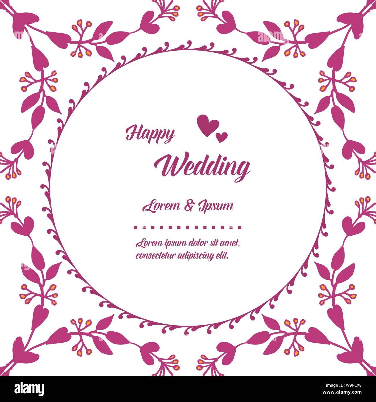 Decoration pink flowers, style unique frame, for card happy wedding ...