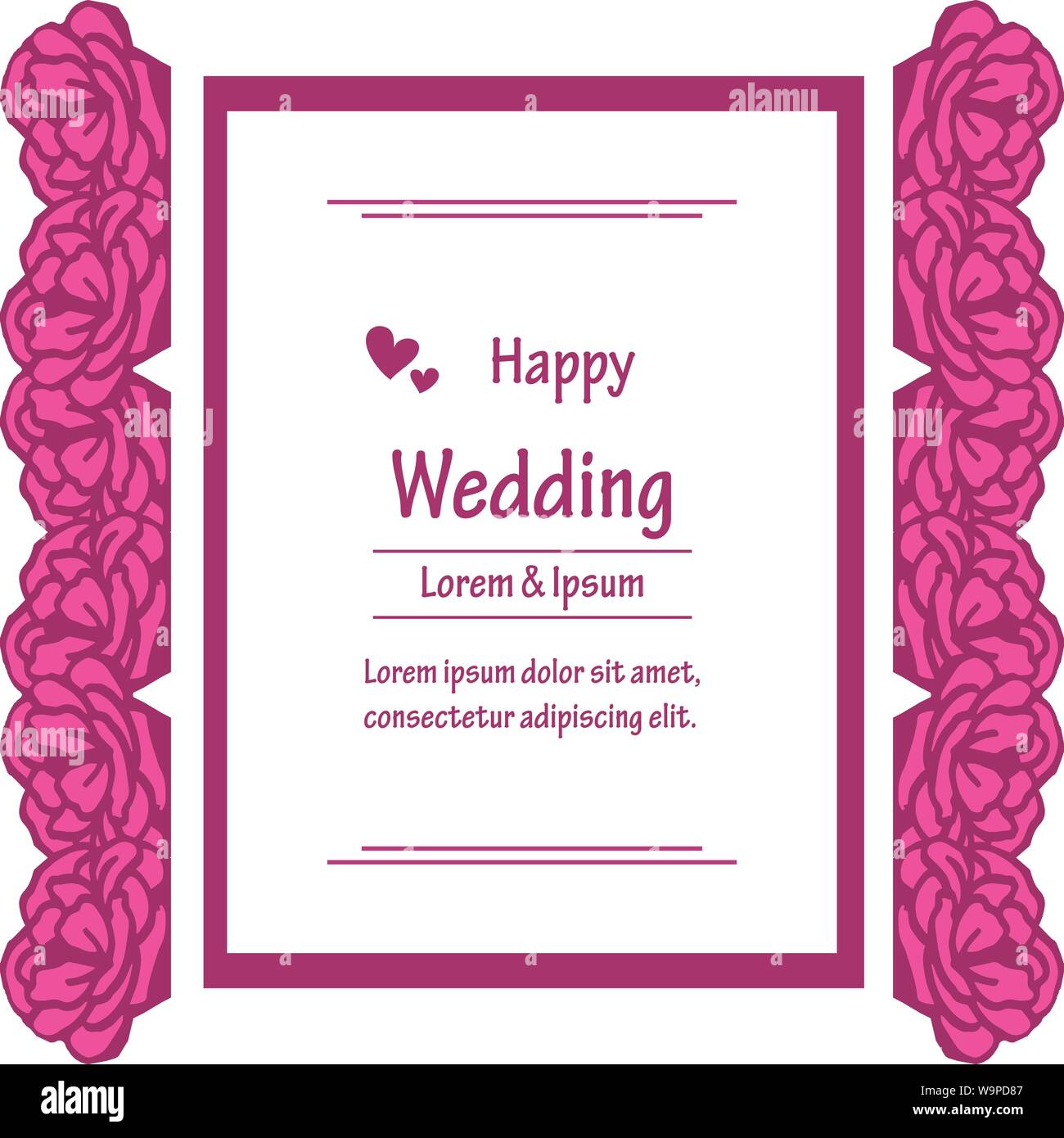 Decoration pink flowers, style unique frame, for card happy wedding ...