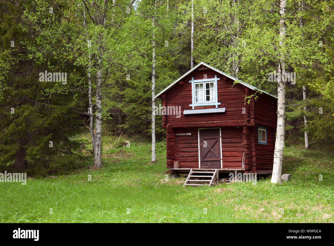 JÄMTLAND, SWEDEN ON JUNE 04, 2019. View of a timber, log cabin, lodge ...
