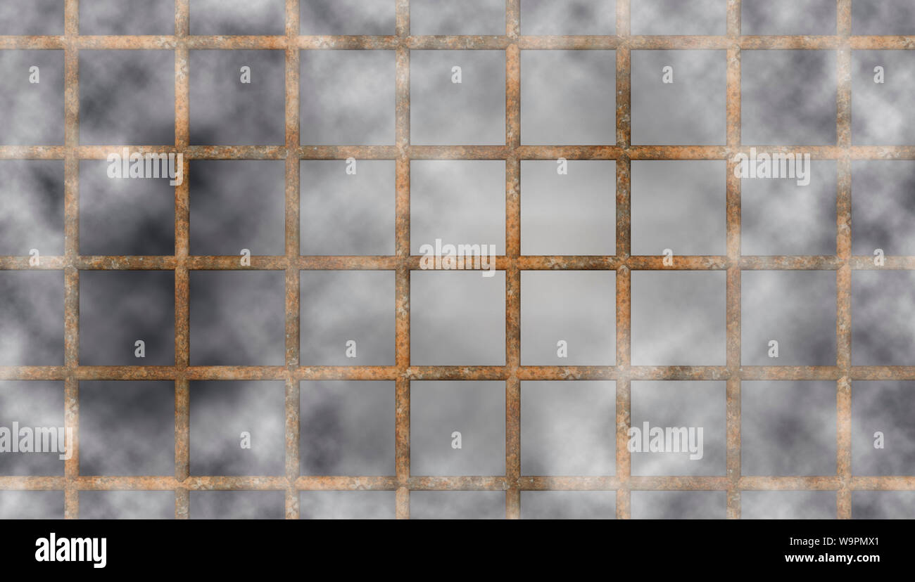 Old prison rusty bars cell lock dark background with fog and smoke 3d ...