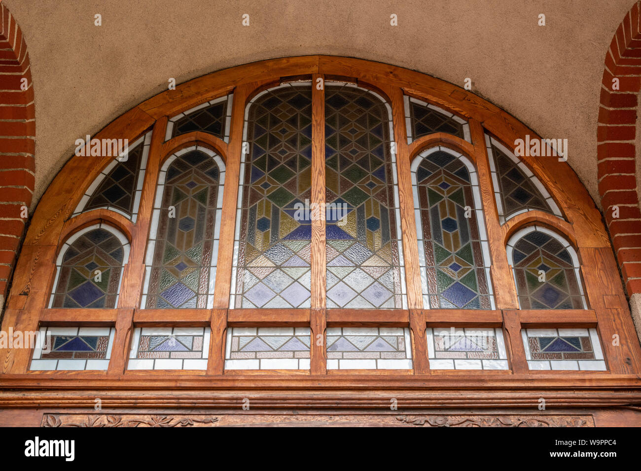 Stained glass window in old cathedral or church. Beautiful colored ...