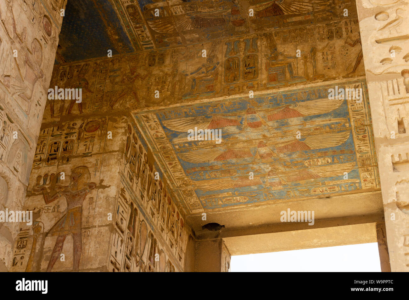 View of ceiling in the Medinet Habo Temple from Ramses III in Luxor ...