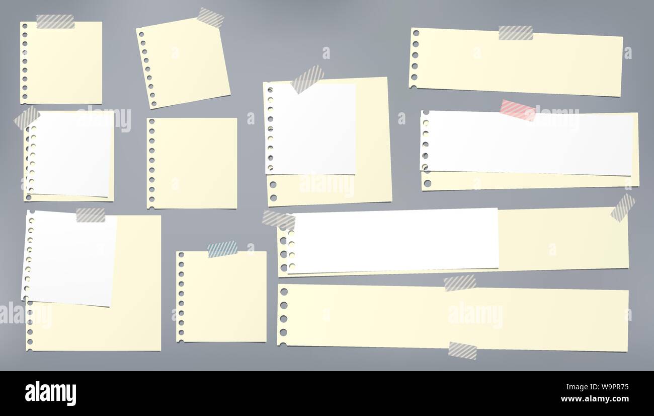 Set of white and yellow note, notebook paper pieces stuck with sticky ...
