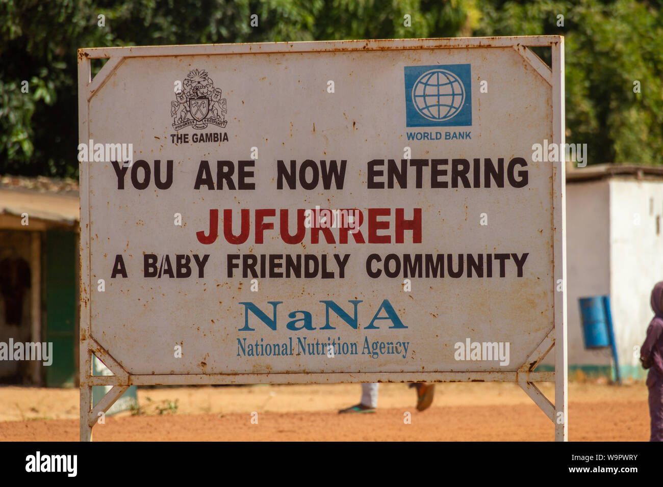 JUFUREH, GAMBIA- JAN 12, 2014: Sign of the village Jufurreh. The ...
