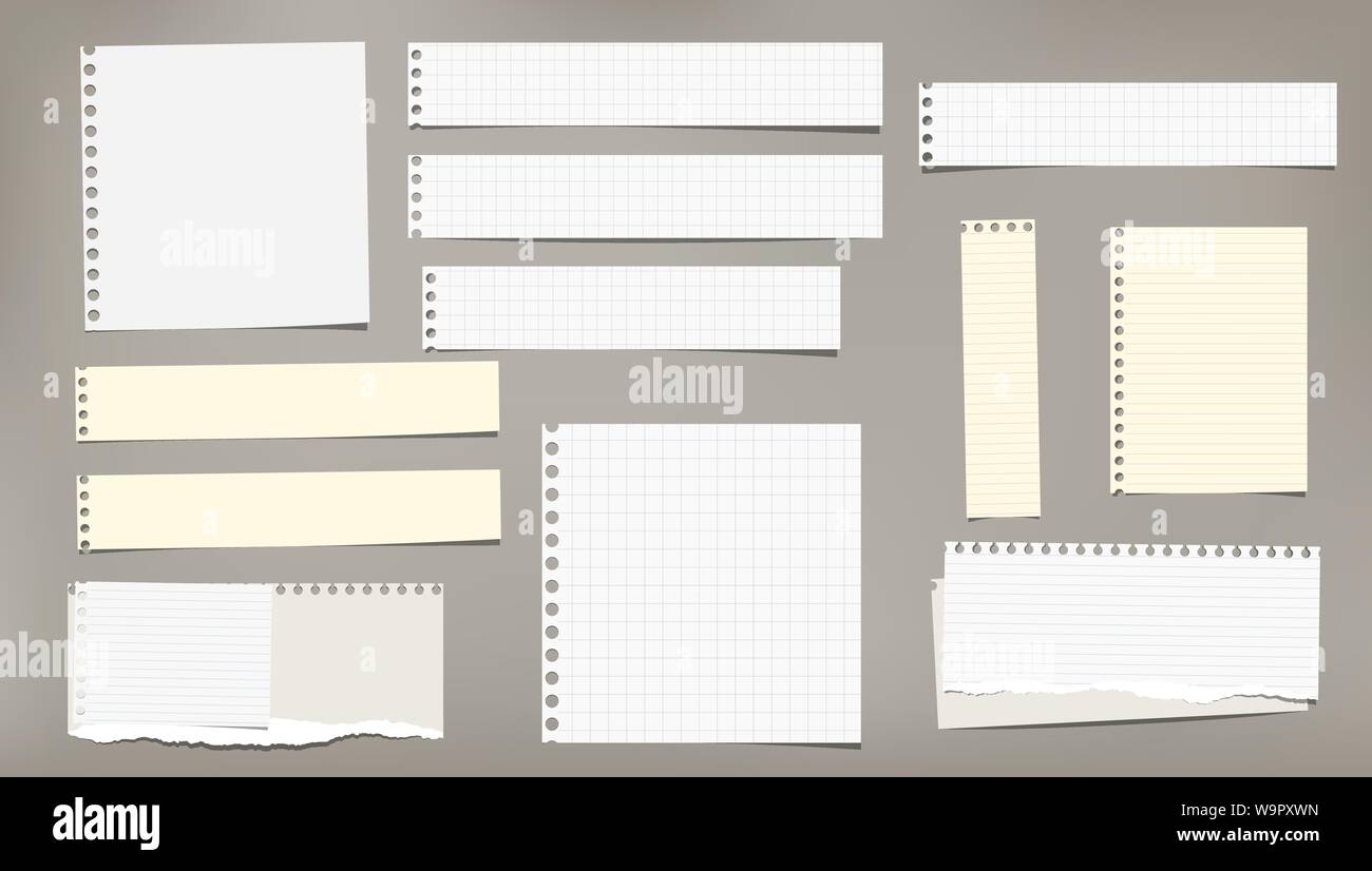Set of torn white and yellow note, notebook strips, lined and squared ...
