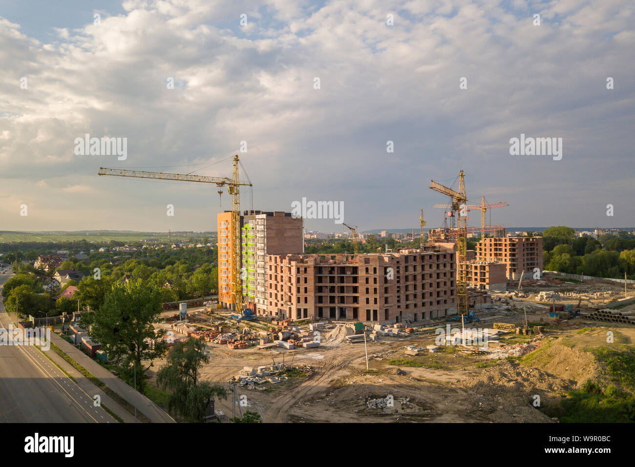 Aerial view of building site. Apartment or office building under ...