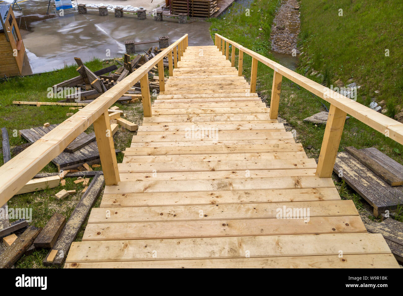 New wooden stairs outdoors. Carpenters work Stock Photo - Alamy