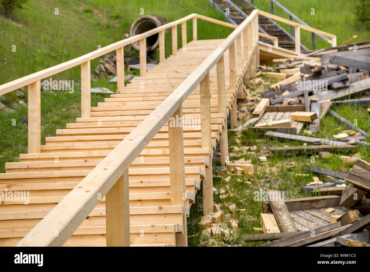 New wooden stairs outdoors. Carpenters work Stock Photo - Alamy
