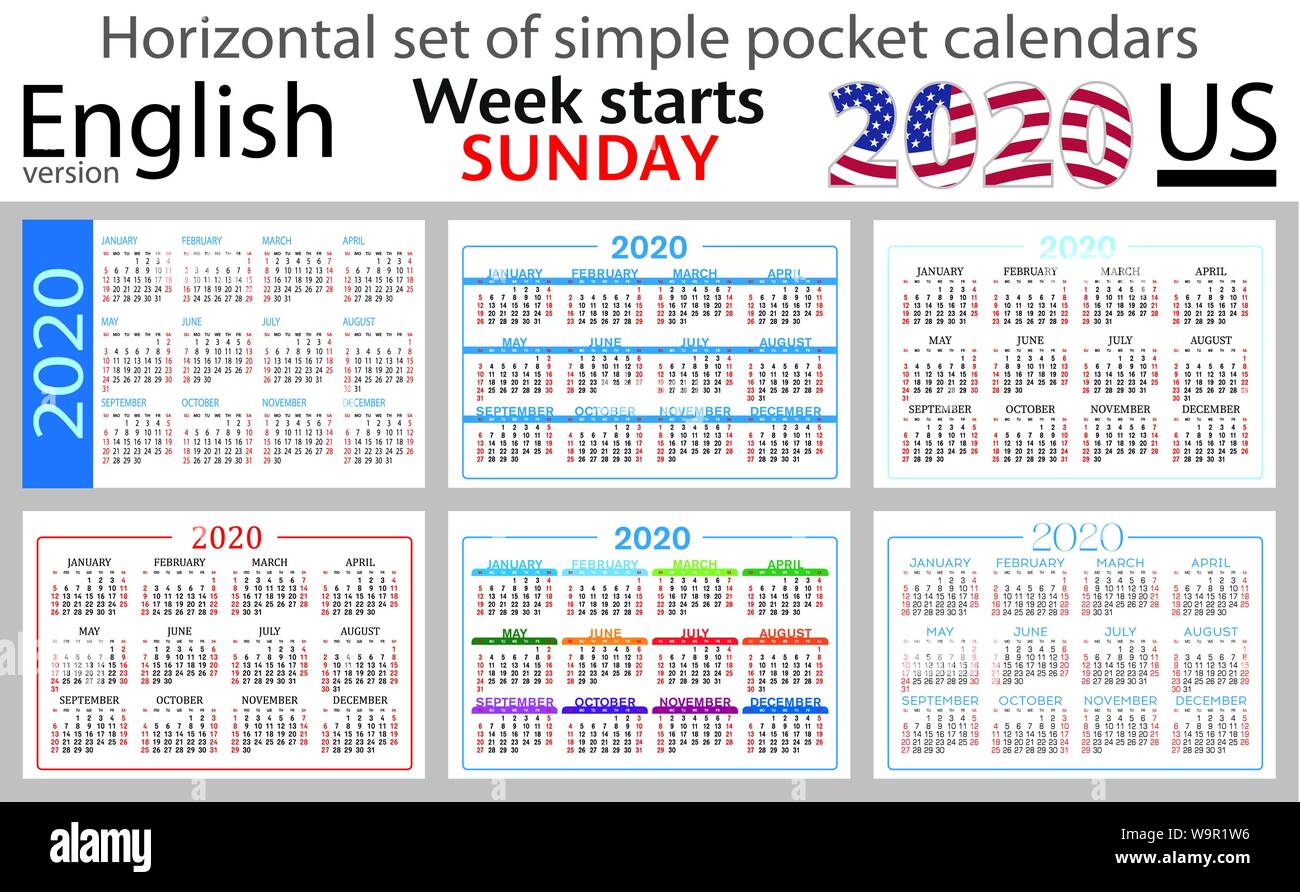 English set of pocket calendars for 2020 (Two thousand nineteen). Week ...