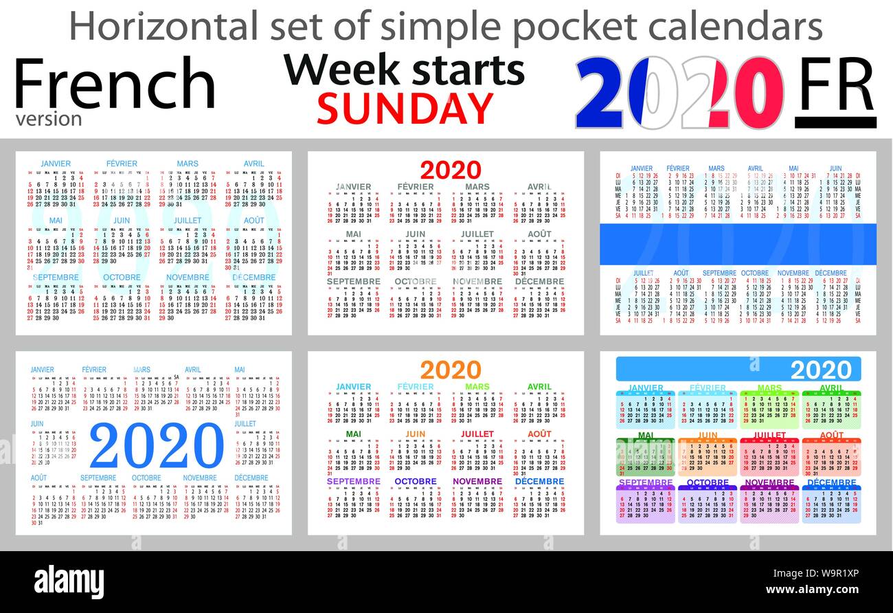 French set of pocket calendars for 2020 (Two thousand nineteen). Week ...