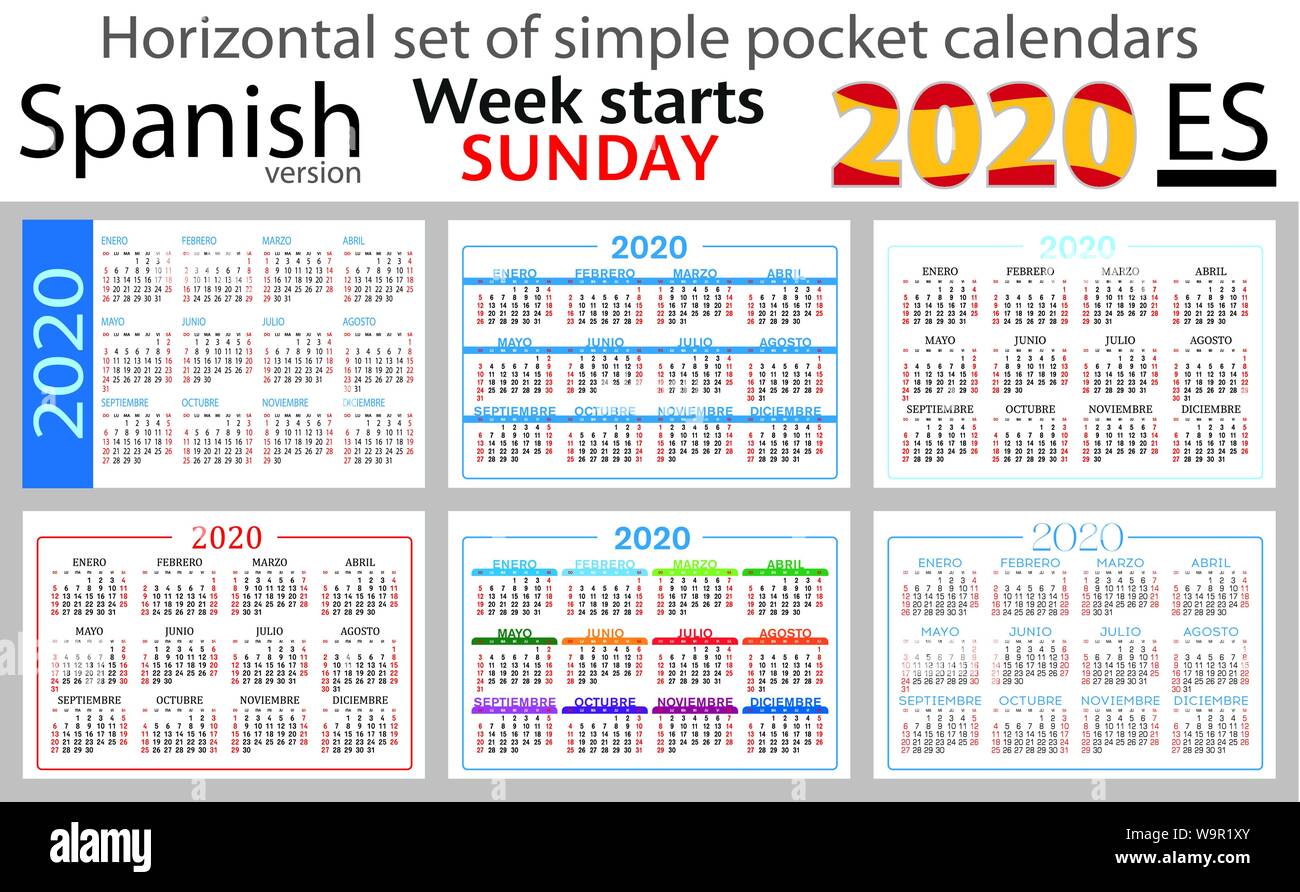 Spanish set of pocket calendars for 2020 (Two thousand nineteen). Week ...