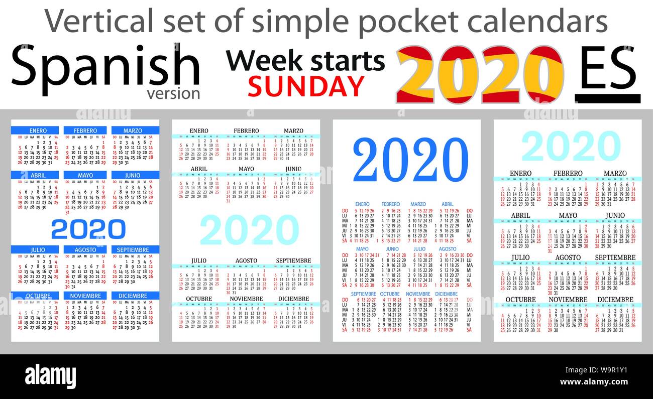 Spanish set of pocket calendars for 2020 (Two thousand nineteen). Week ...