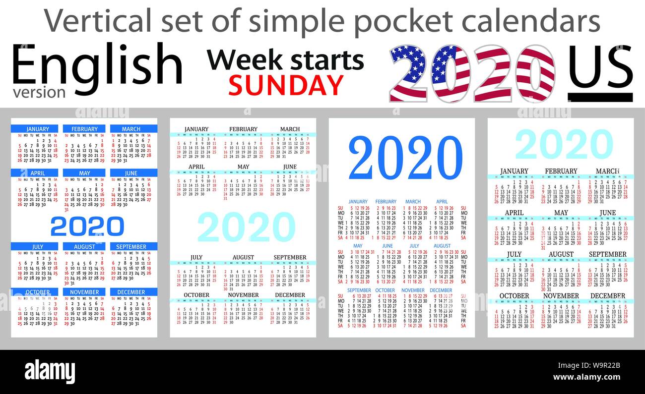 English set of pocket calendars for 2020 (Two thousand nineteen). Week ...