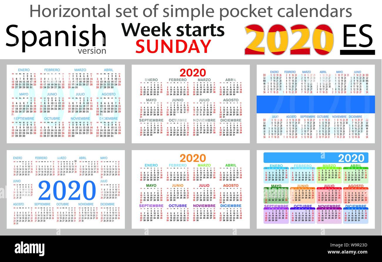 Spanish set of pocket calendars for 2020 (Two thousand nineteen). Week ...
