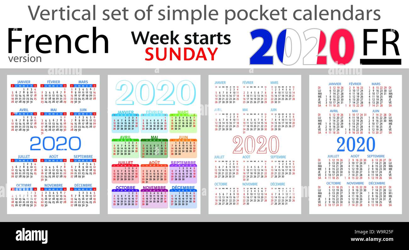 French set of pocket calendars for 2020 (Two thousand nineteen). Week ...