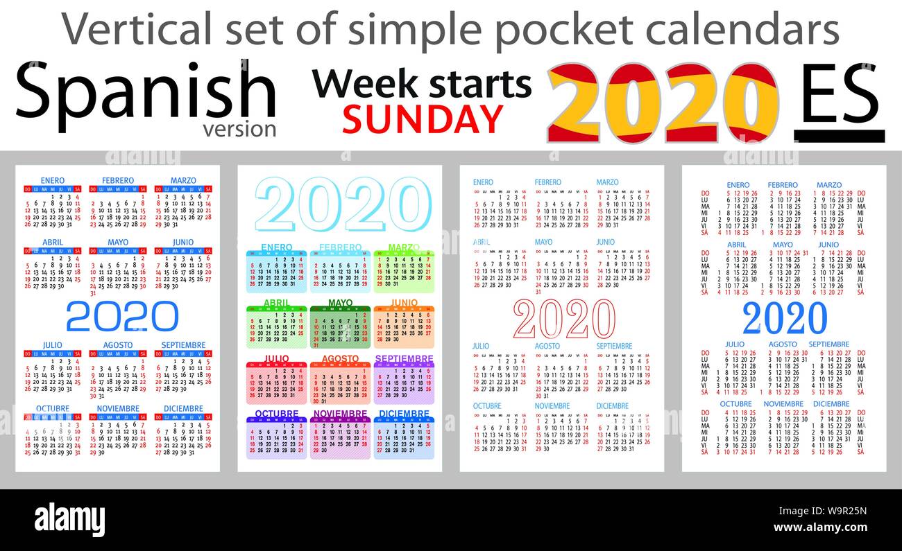 Spanish set of pocket calendars for 2020 (Two thousand nineteen). Week ...