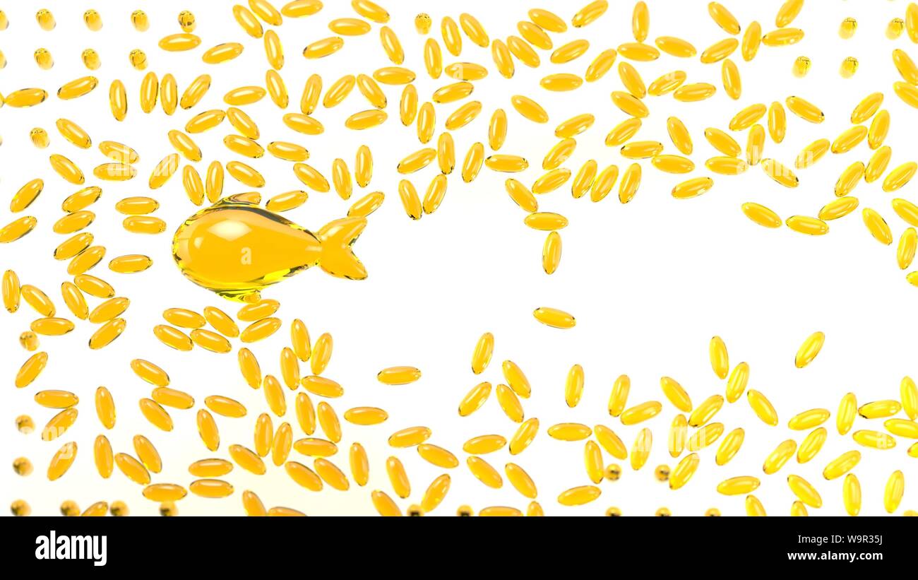 3d rendering Fish oil fish swimming through Capsule supplements healthy ...