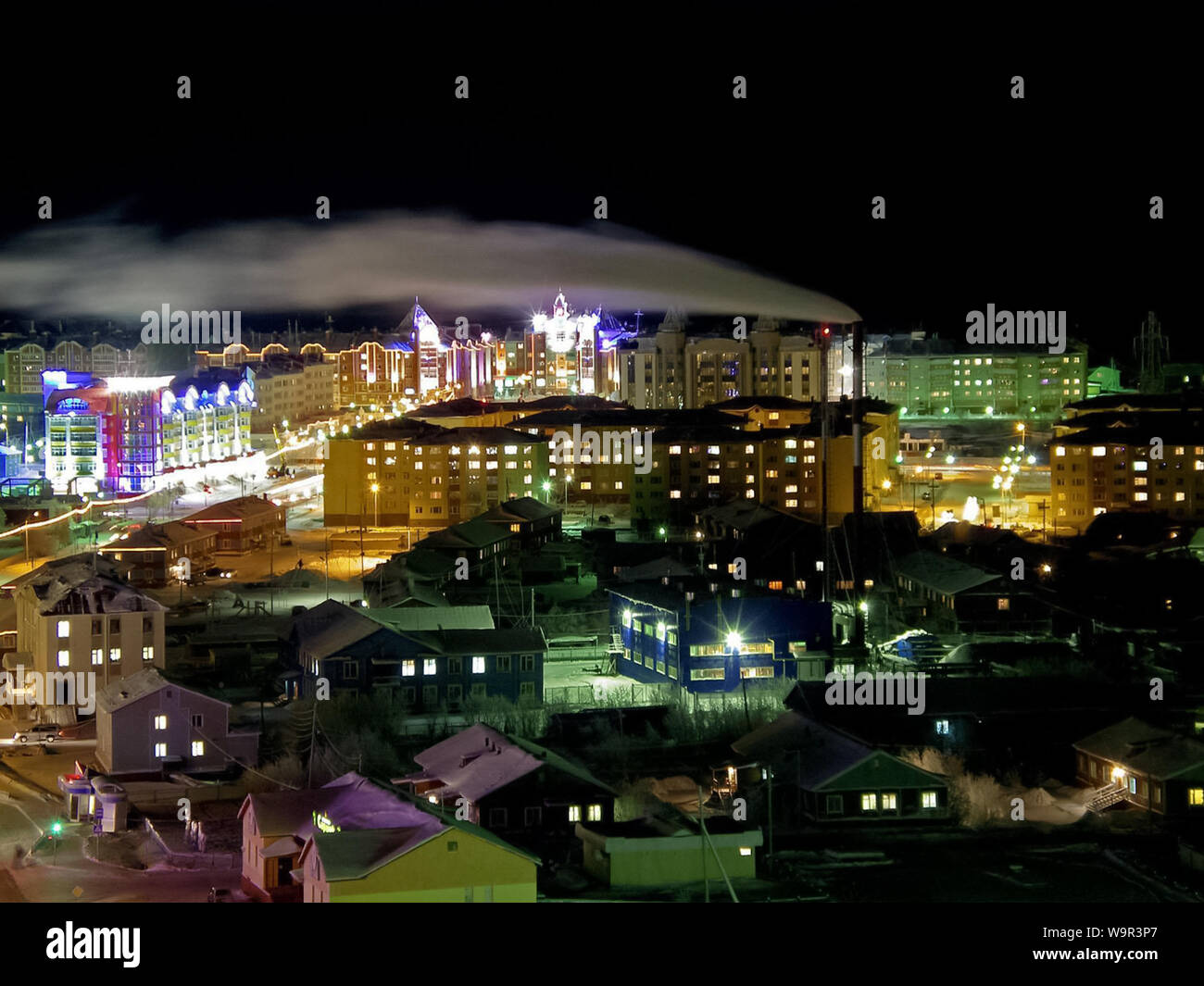 Night Salekhard. Night city in colorful lights. Salekhard is the ...