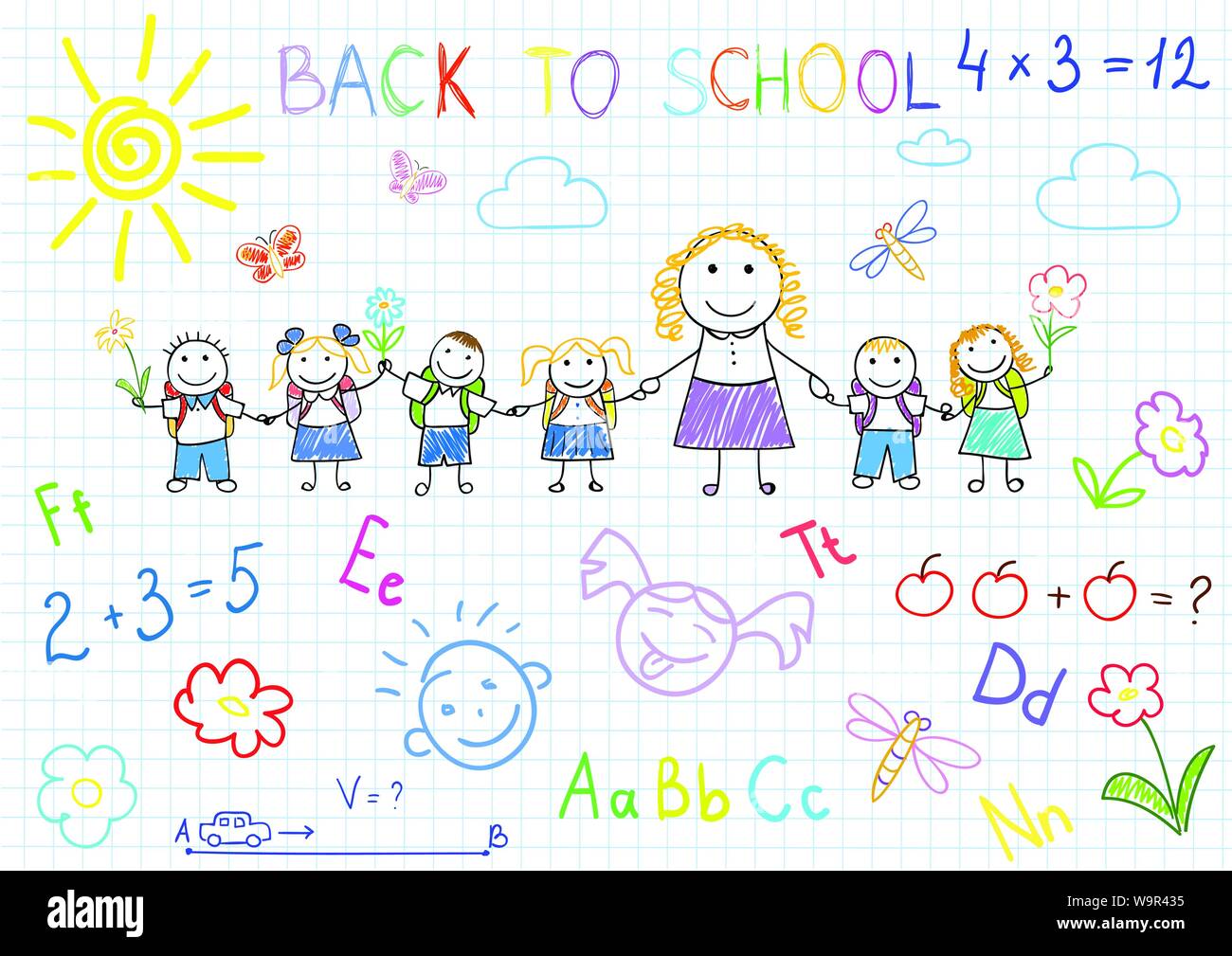 Back to school. Vector sketches with happy pupils and teacher. Sketch ...