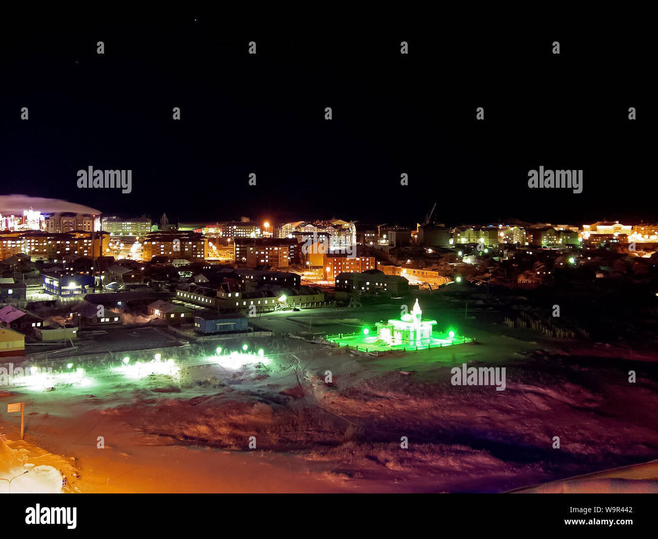 Night Salekhard. Night city in colorful lights. Salekhard is the ...
