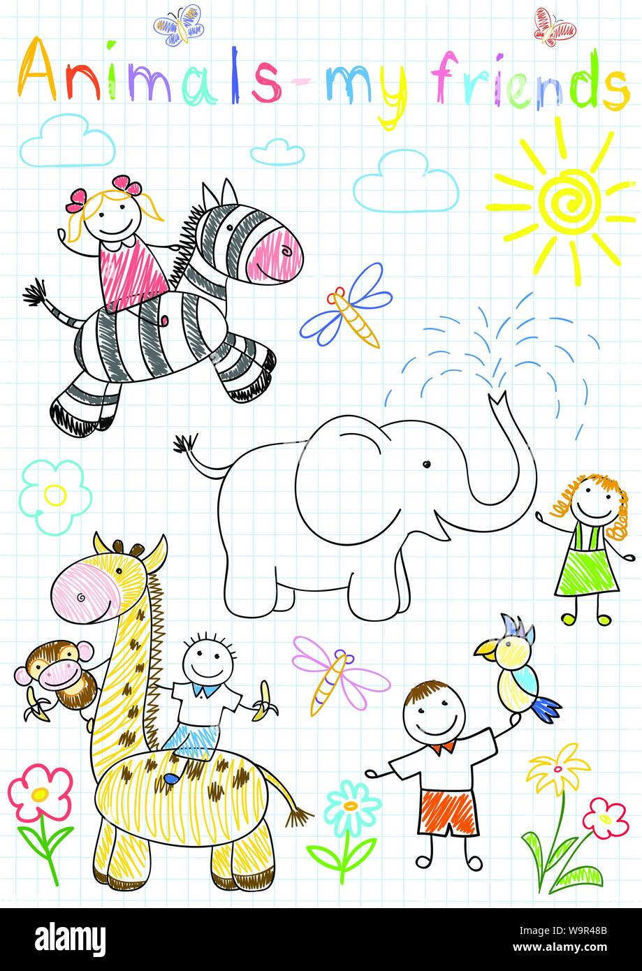Vector sketches happy children's and animals. Sketch on notebook page ...
