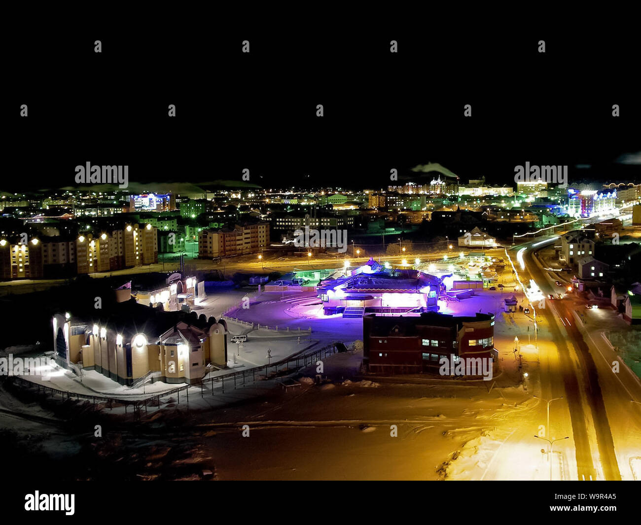 Night Salekhard. Night city in colorful lights. Salekhard is the ...
