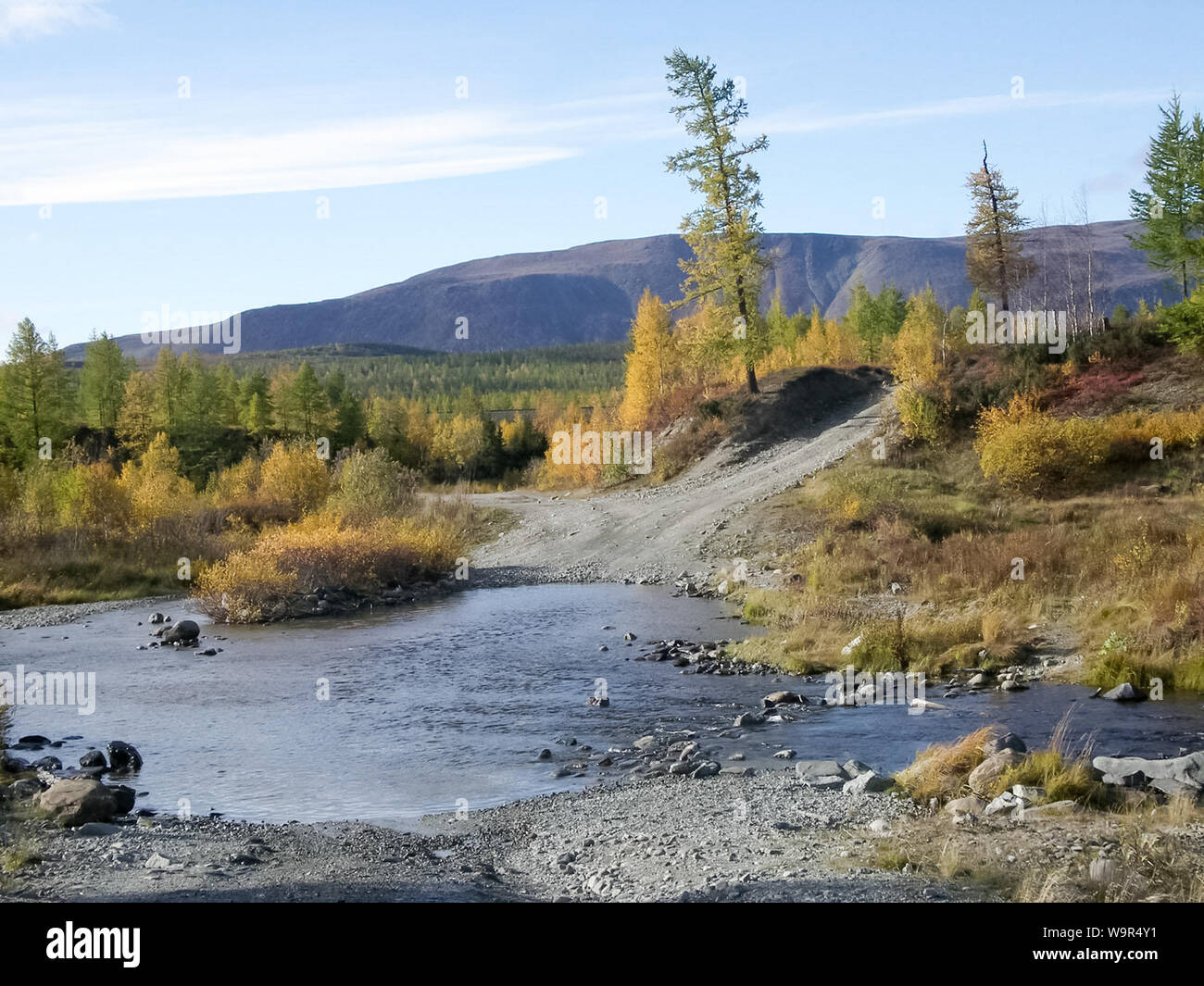 River and forest. Autumn landscape on the Yamal Peninsula under ...