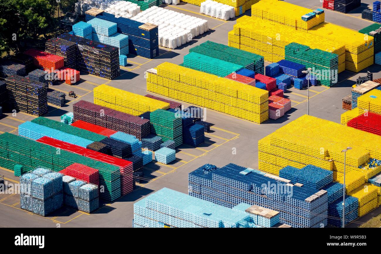 Aerial view, stacked colorful beverage crates, deposit bottles ...