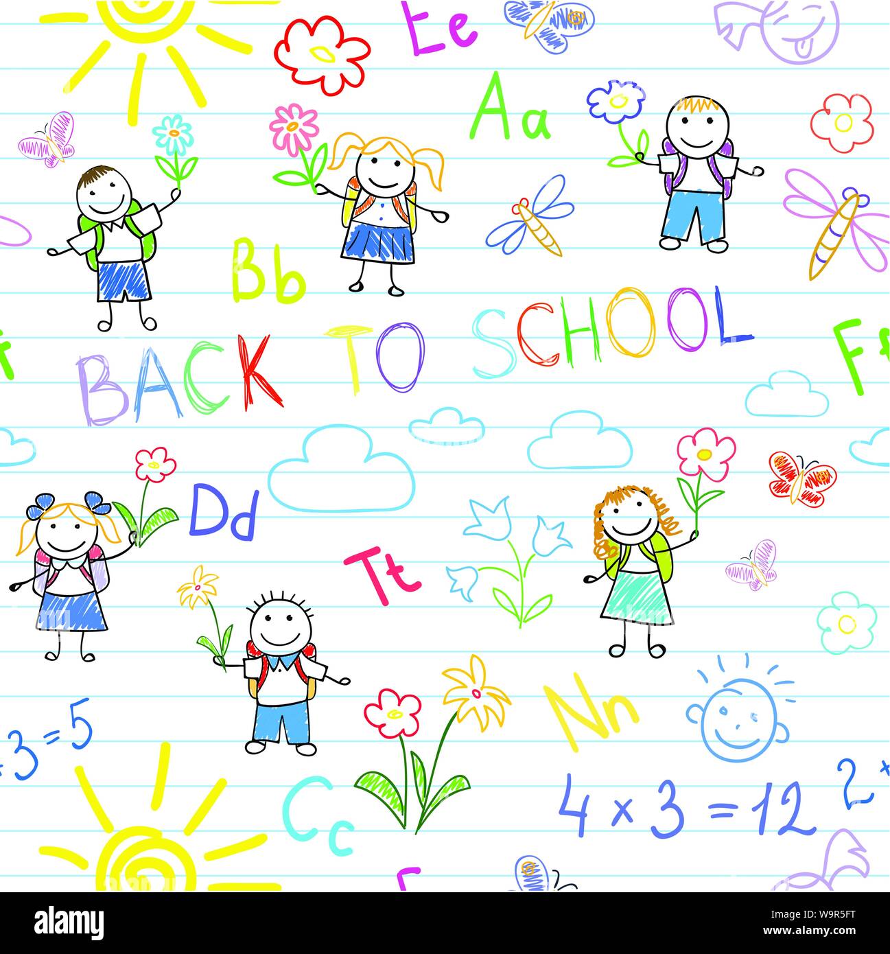 Seamless background. Back to school. Vector sketches with happy pupils ...