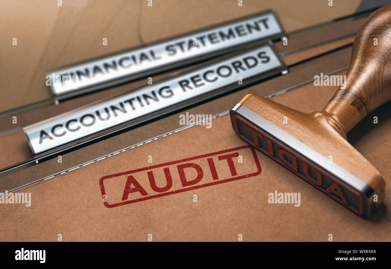 Rubber stamp over two folders with the text financial statements ...