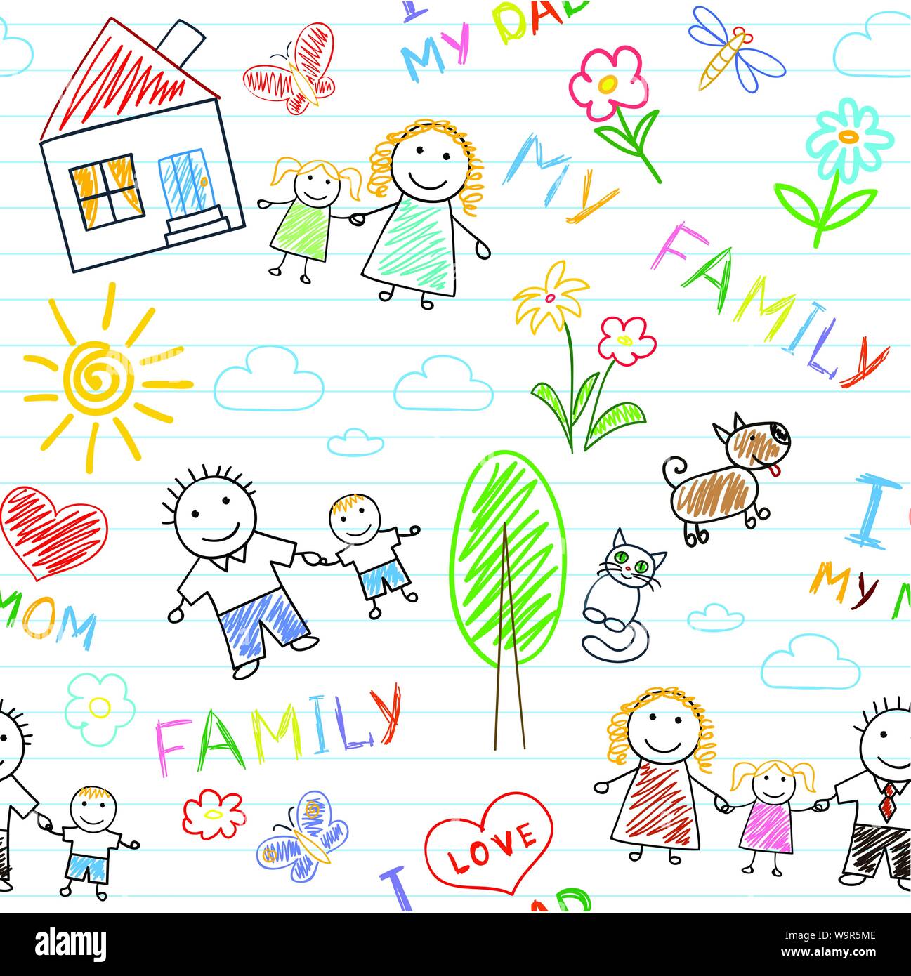 Seamless background - happy family. Sketch on notebook page Stock ...