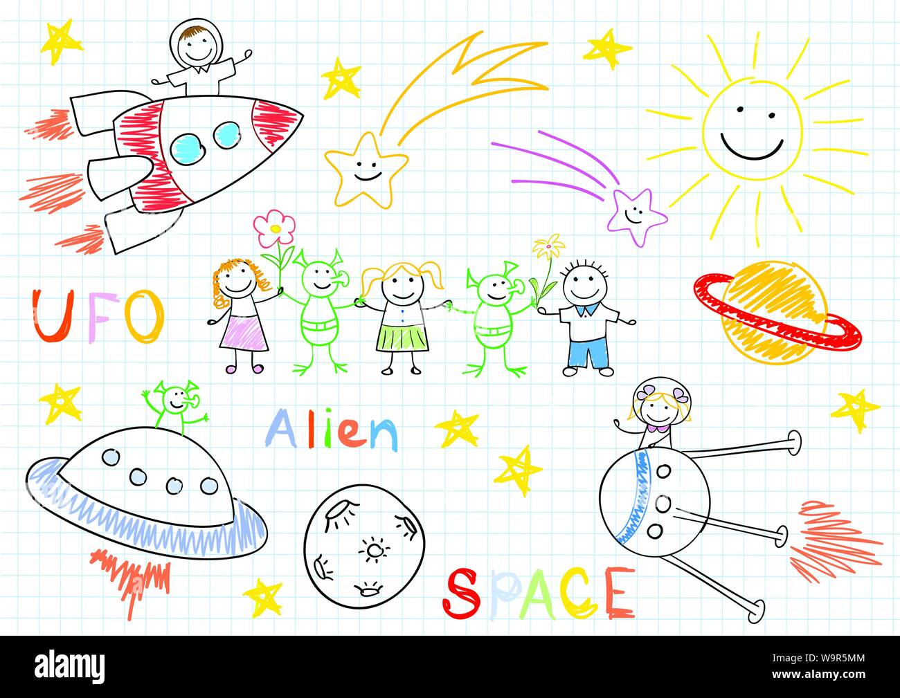Vector sketches with happy children's and aliens. Sketch on notebook ...