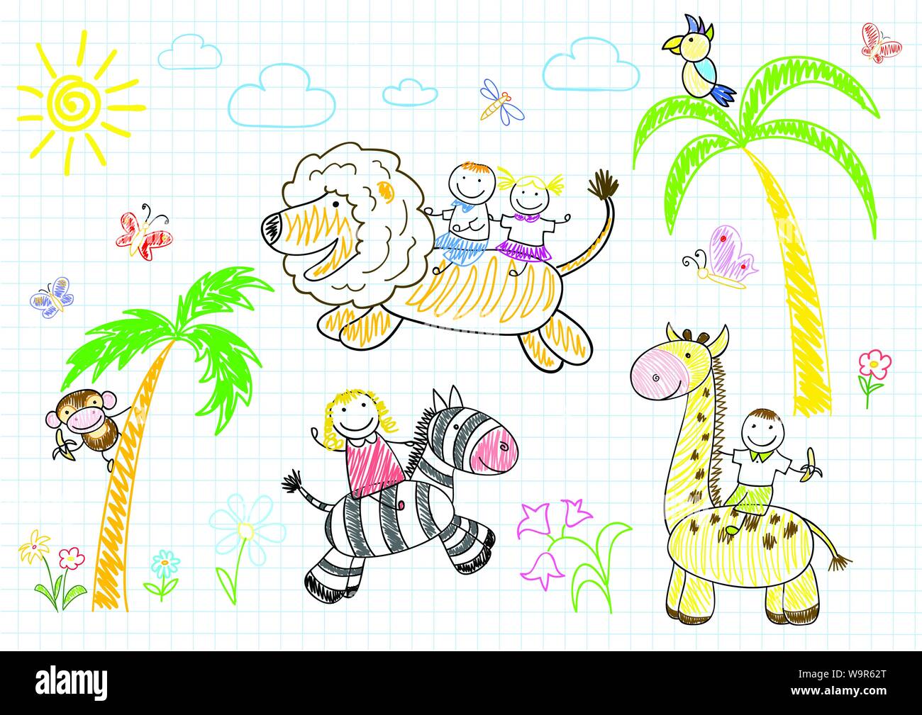 Happy children's and animals. Sketch on notebook page Stock Vector ...