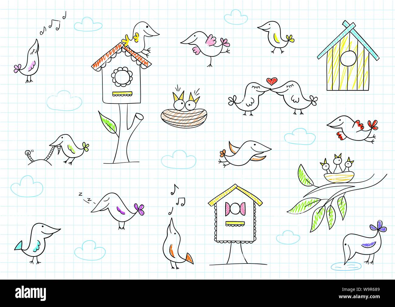 Collection of cute birds. Vector sketch on notebook page Stock Vector ...