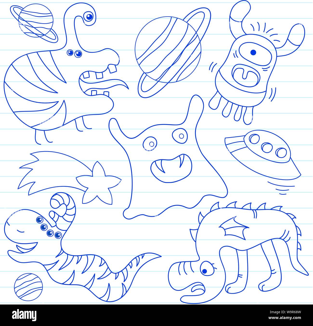 Vector set of aliens and monsters. Sketch on notebook page Stock Vector ...