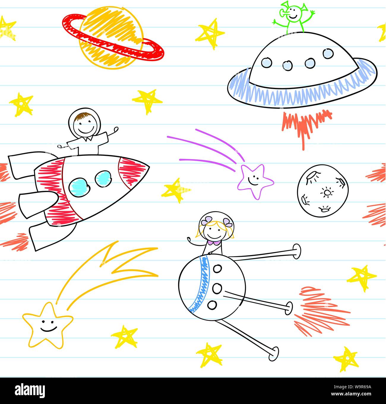 Seamless background with happy children's and aliens. Sketch on ...
