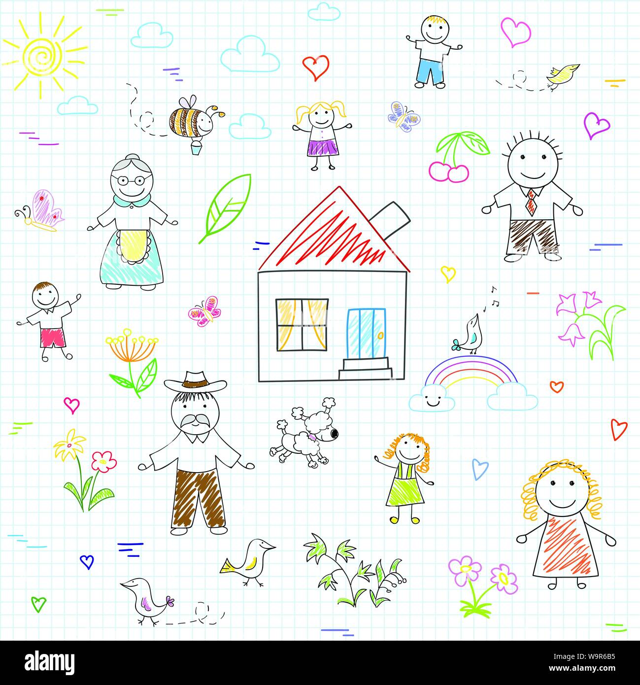Vector seamless background with happy family. Sketch on notebook page ...